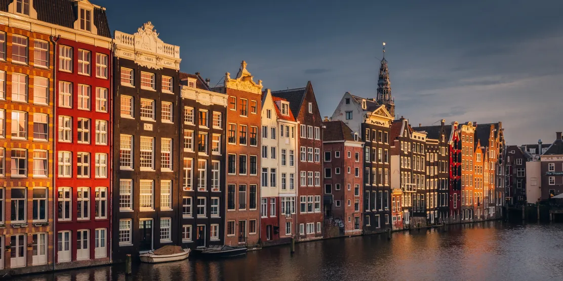 Row of historic canal houses in Amsterdam, Netherlands.