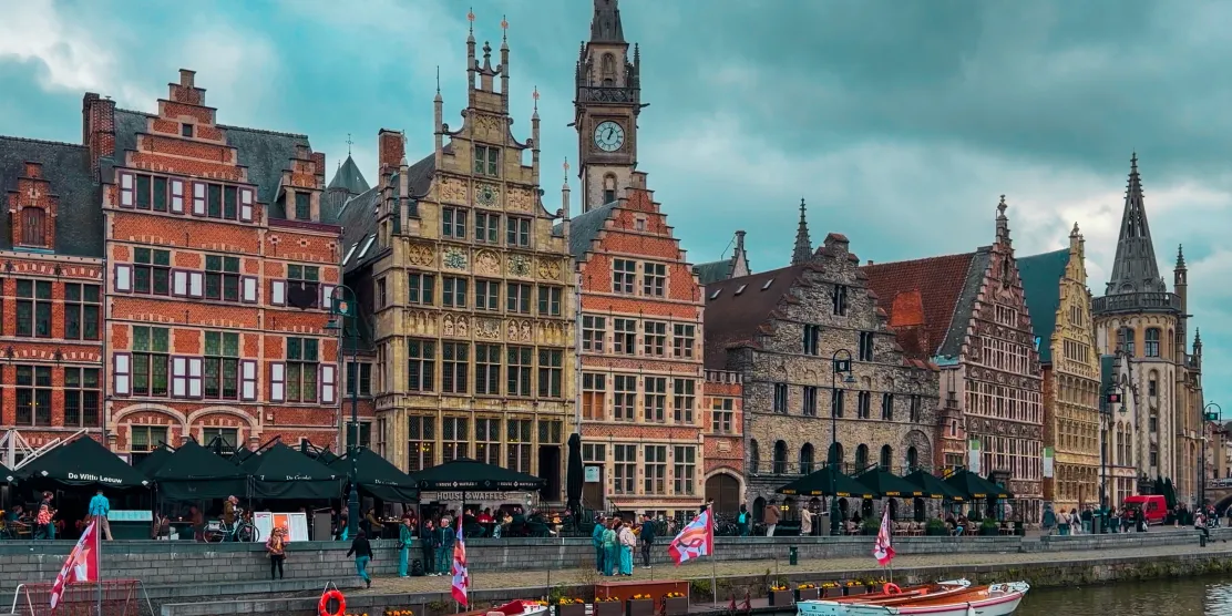 Medieval guild houses along a canal in Ghent, Belgium.