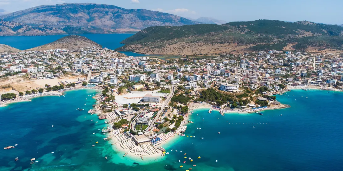 Aerial view of beaches and turquoise islands in Ksamil, Albania.