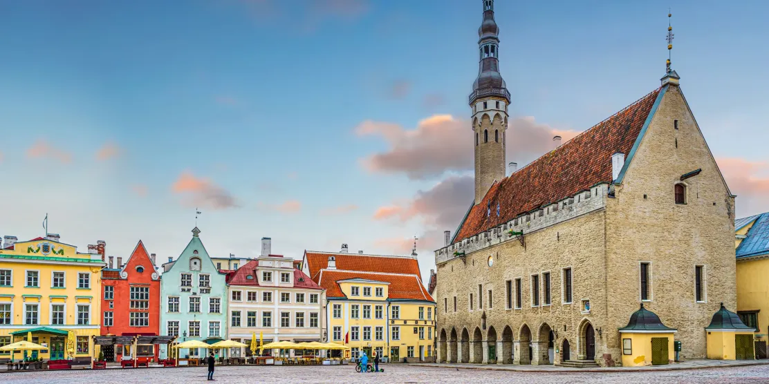 Medieval market square and the historic Town Hall in Tallinn, Estonia.