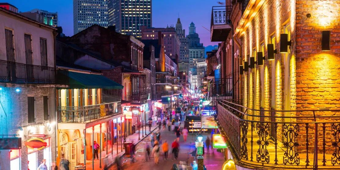 Iconic French Quarter architecture with colorful balconies in New Orleans, Louisiana.