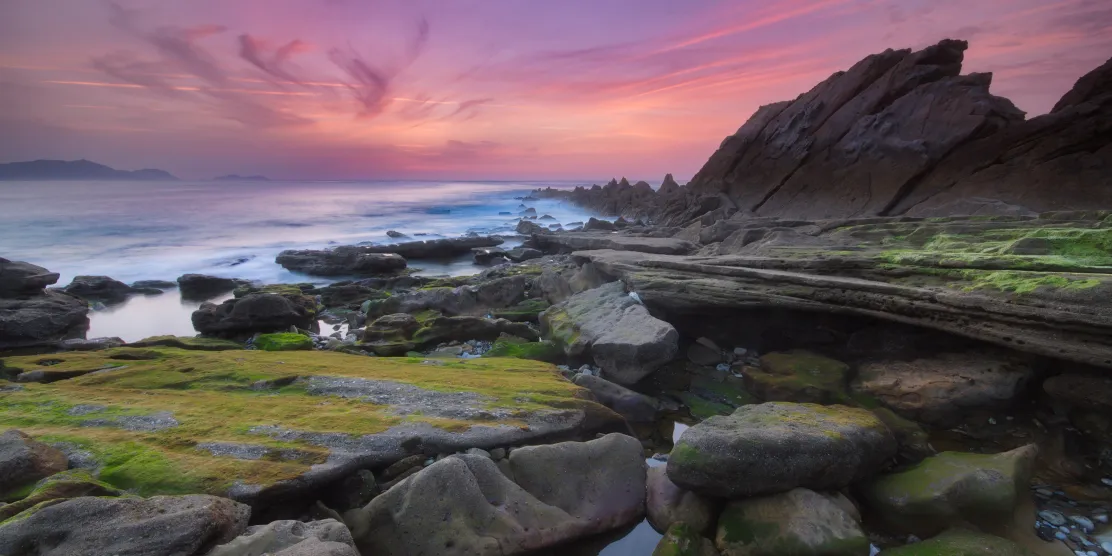 Rocky coastline with mossy stones at sunset.