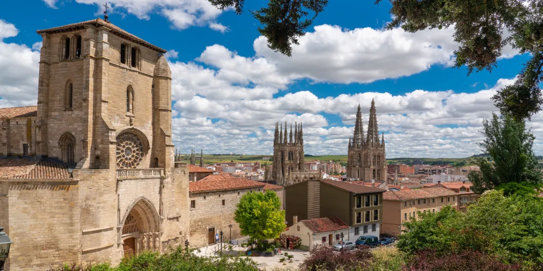 Historical stone cathedrals and skyline in Burgos, Spain.