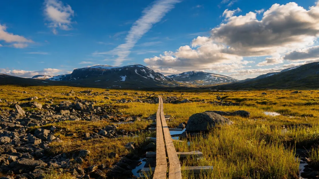 Kungsleden trail featuring a wooden boardwalk crossing a vast Arctic tundra landscape toward distant snow-capped mountains.