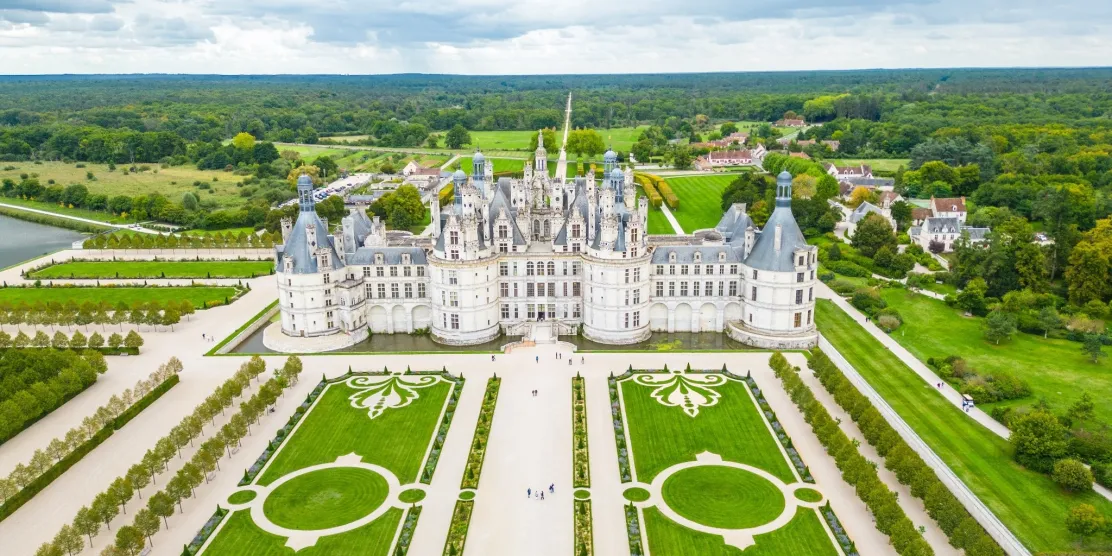 Aerial view of Château de Chambord and its formal gardens in the Loire Valley, France