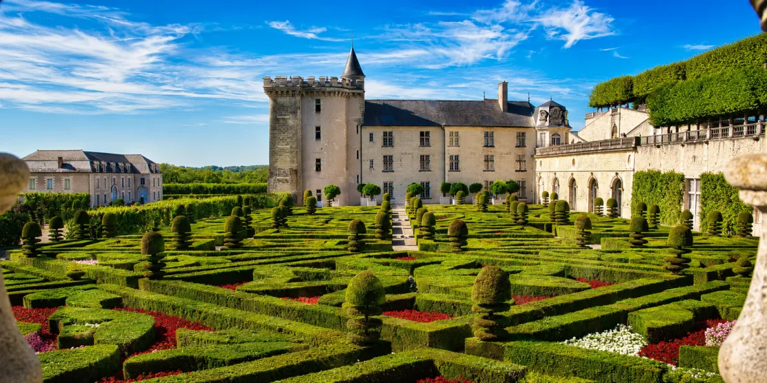 Château de Villandry overlooking its geometric Renaissance gardens in the Loire Valley, France