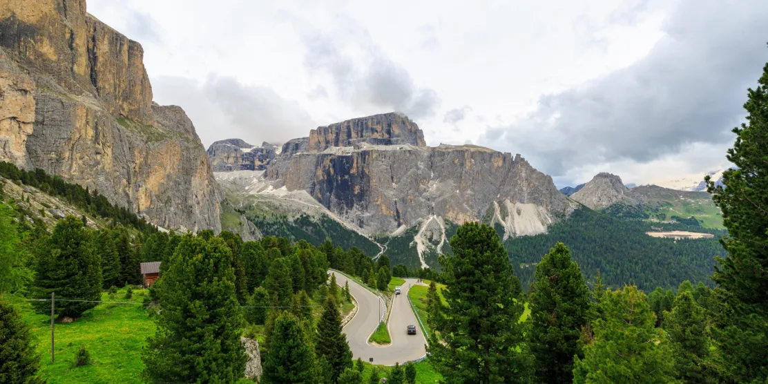 Great Dolomites Road trip route in Italy, with a winding mountain road through the Dolomites