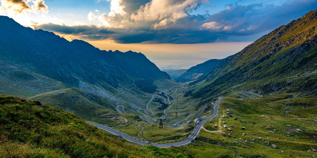 Transfăgărășan Highway road trip route in Romania, with winding mountain roads through the Carpathians