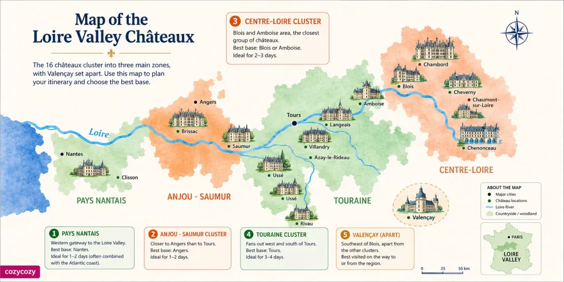Loire Valley chateau map showing the main castles and areas to visit