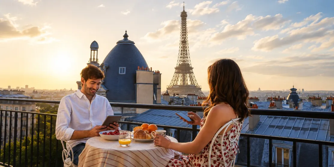 Couple déjeunant sur un balcon avec une vue sur la Tour Eiffel