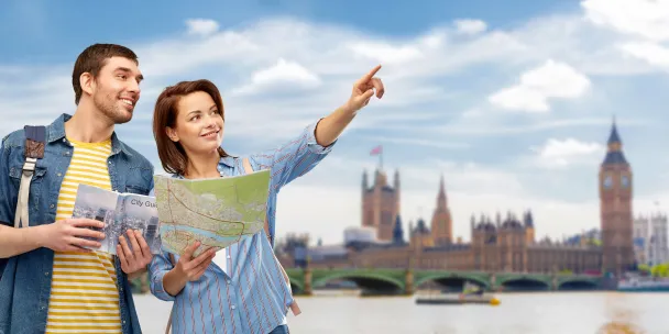 Tourists in London with Big Ben in the background